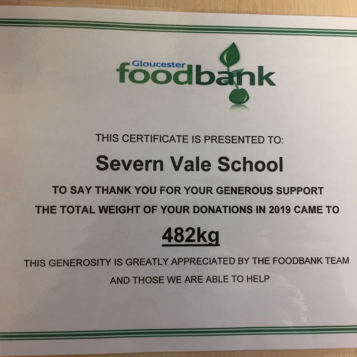 Severn Vale School - Gloucester Foodbank Certificate